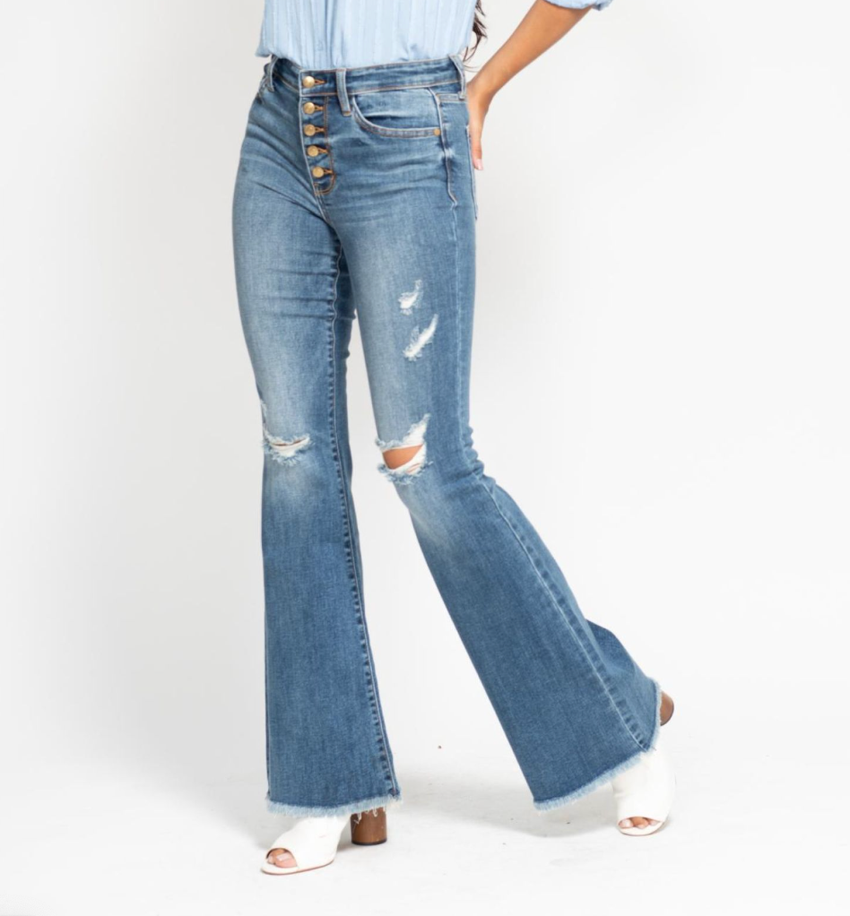 Sara Mid Rise Button Fly Flare Denim – The Catalyst Mercantile